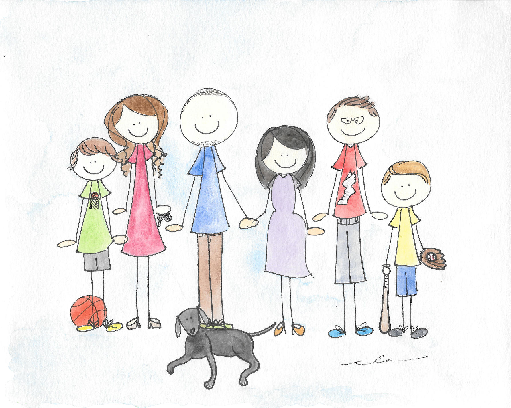 Personalized, Custom Family Stick Figure Portrait in Watercolor, Made ...