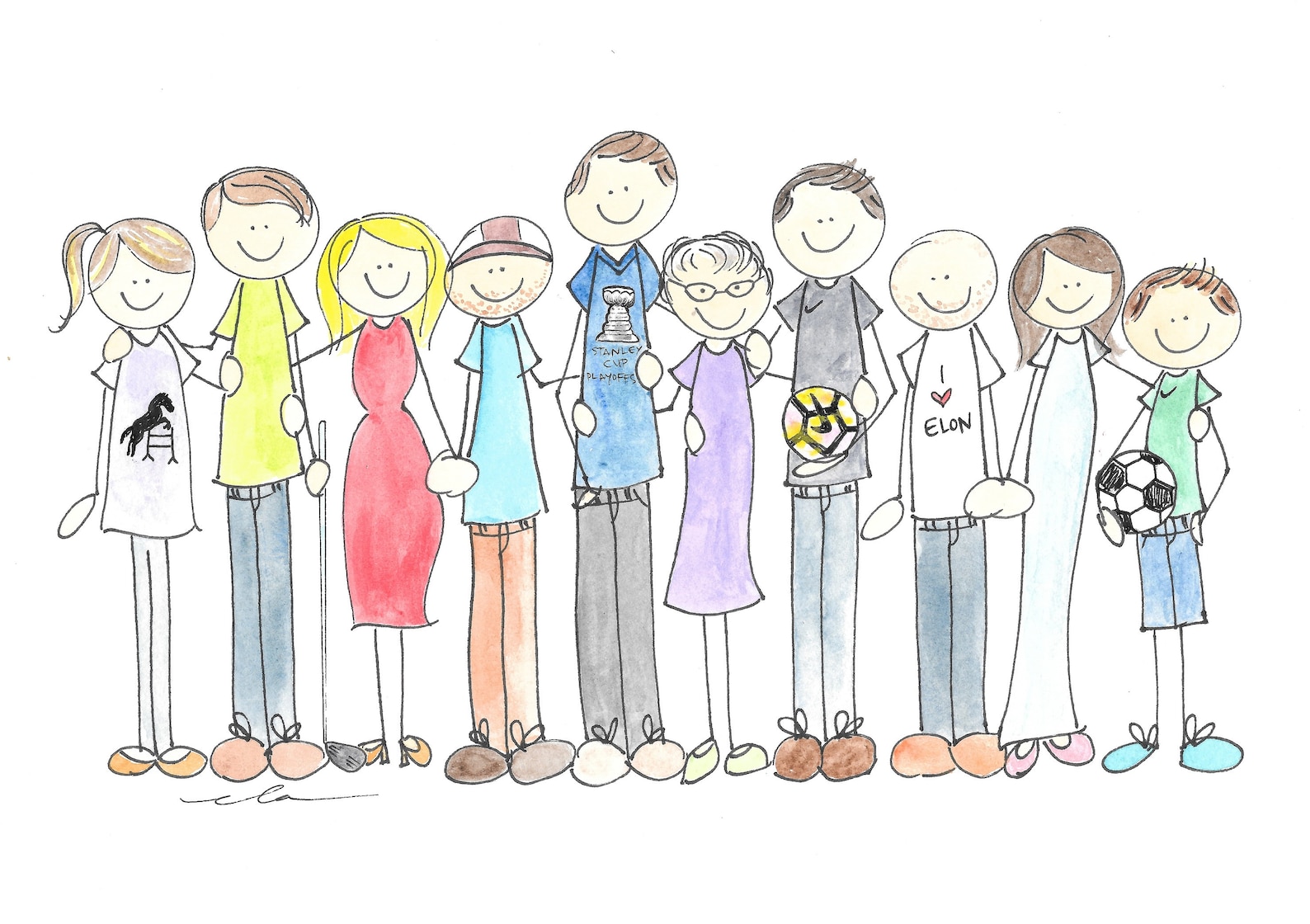 Personalized, Custom Family Stick Figure Portrait in Watercolor, Made ...