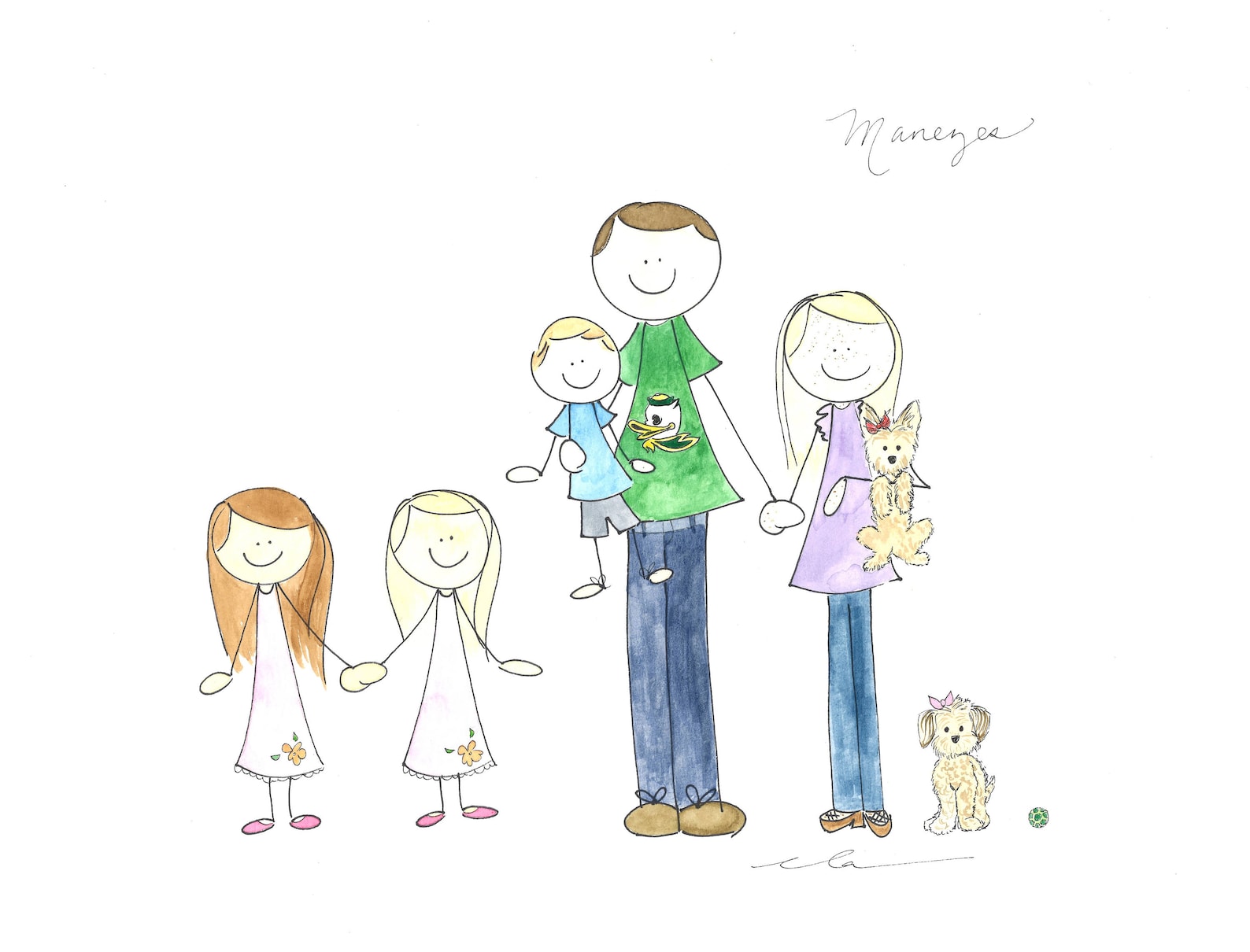 Personalized, Custom Family Stick Figure Portrait in Watercolor, Made ...