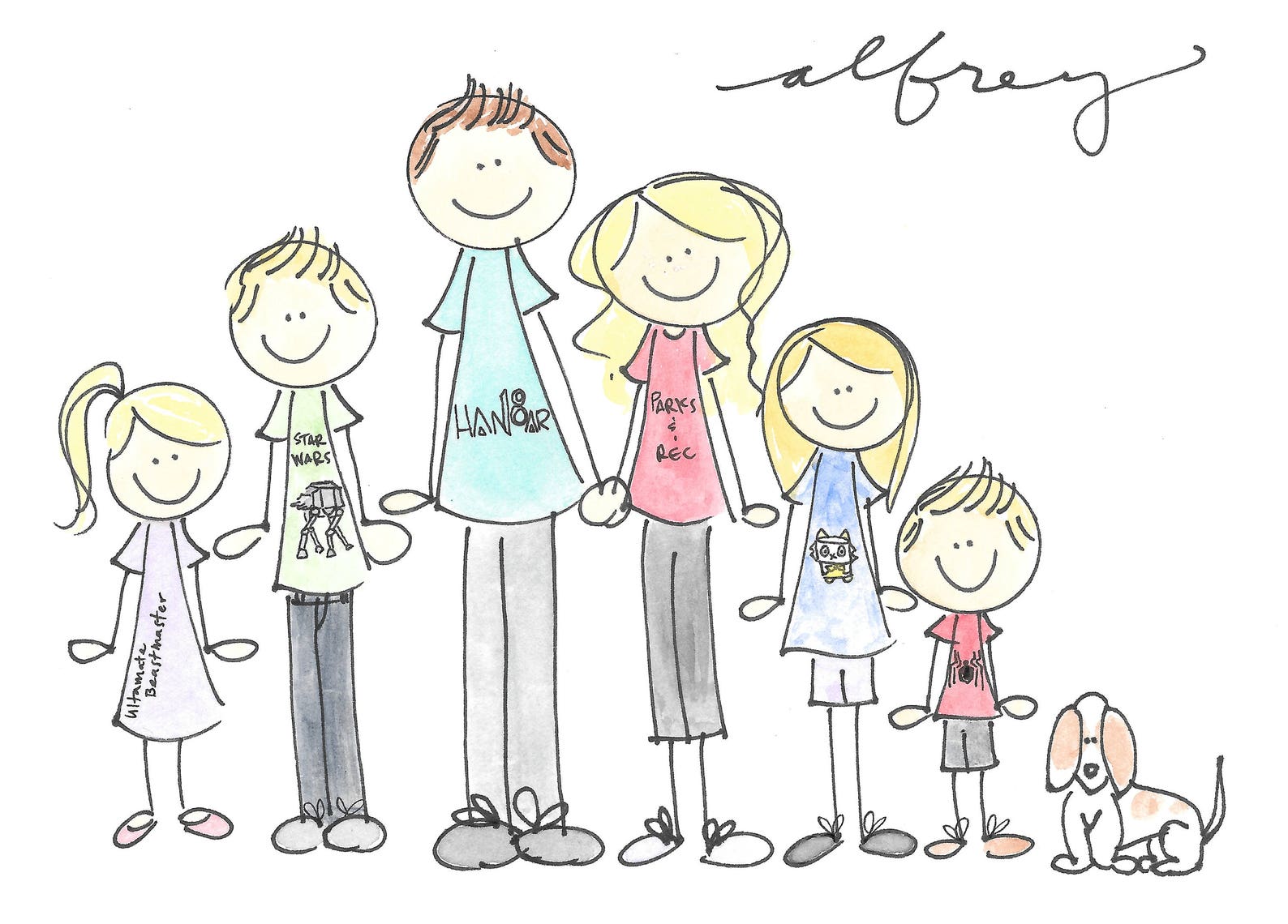 Personalized, Custom Family Stick Figure Portrait in Watercolor, Made ...