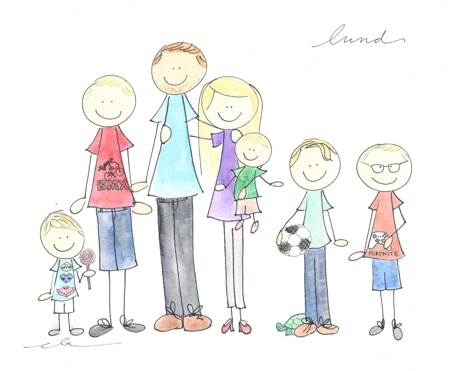 Personalized, Custom Family Stick Figure Portrait in Watercolor, Made ...