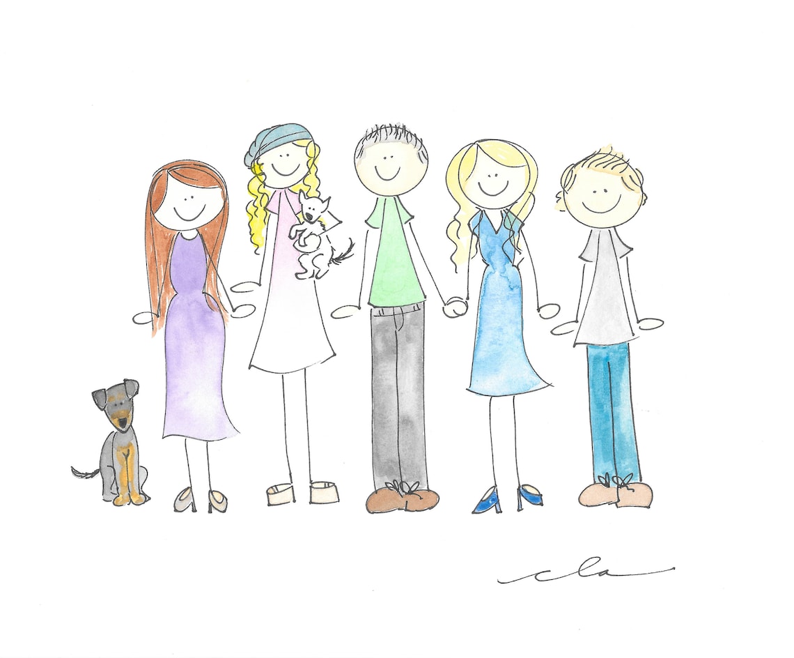 Personalized, Custom Family Stick Figure Portrait in Watercolor, Made ...