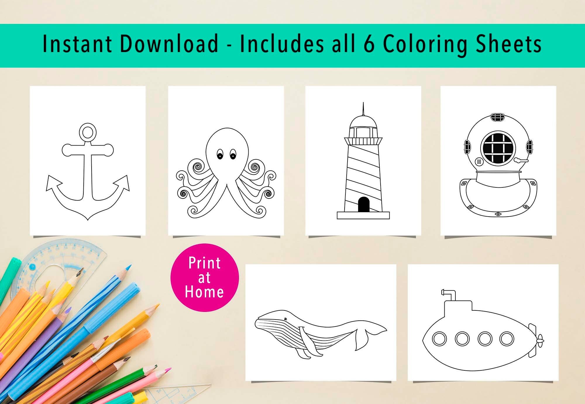 6 Sea Themed Coloring Pages, Sizes 8.5x11 and A4, Printable Coloring ...