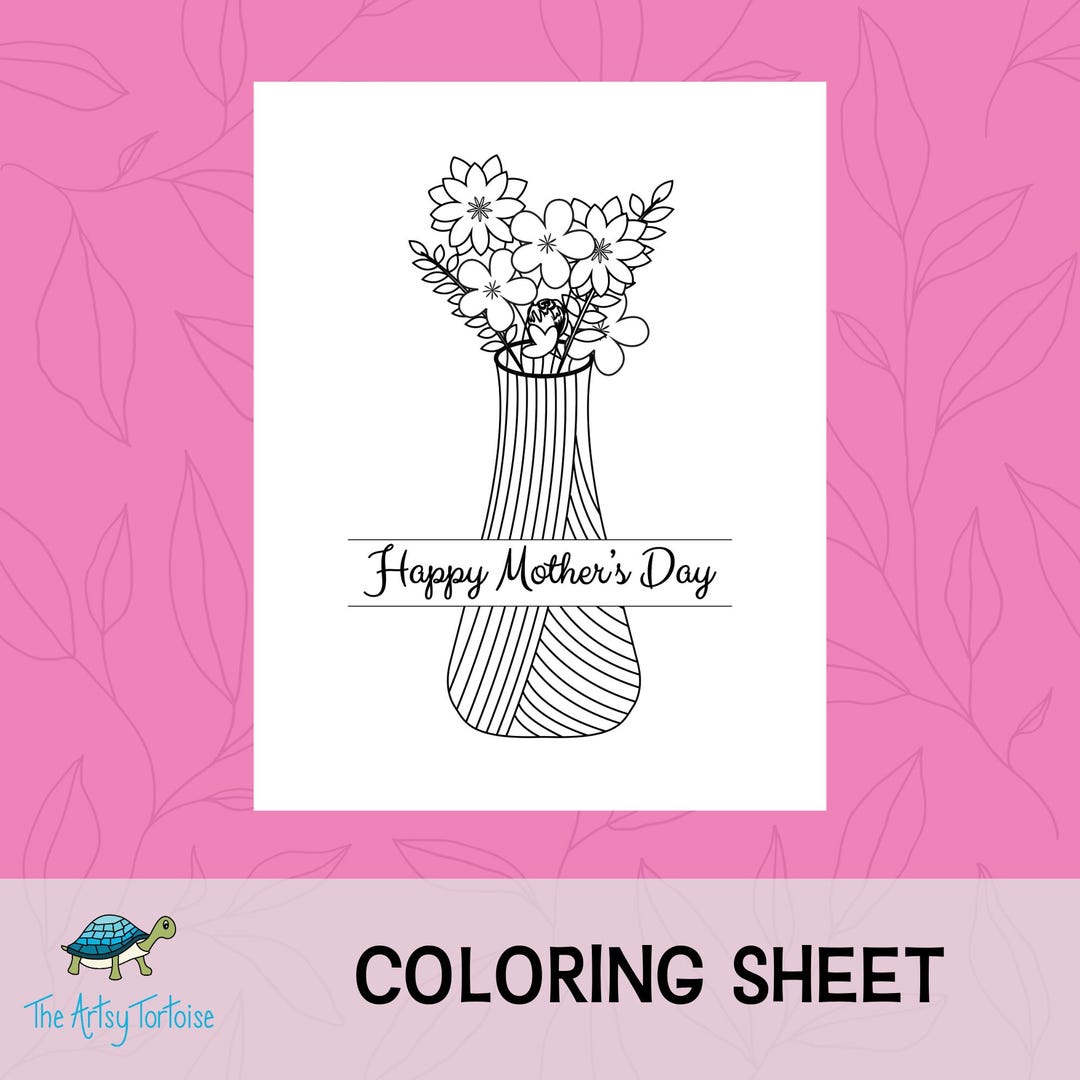 Happy Mother's Day Coloring Page, Flowers and Vase, Mom Gift, Mother's ...