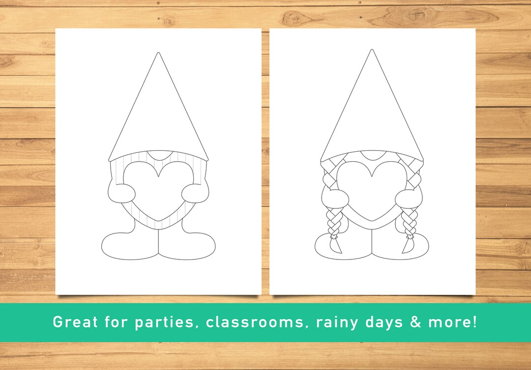 2 Gnomes Holding Hearts Coloring Sheets, Valentine's Day, Printable ...