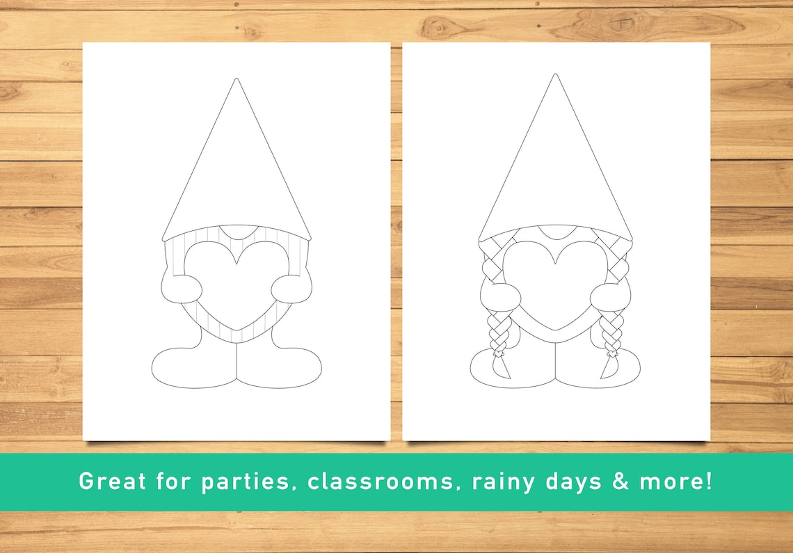 2 Gnomes Holding Hearts Coloring Sheets, Valentine's Day, Printable ...
