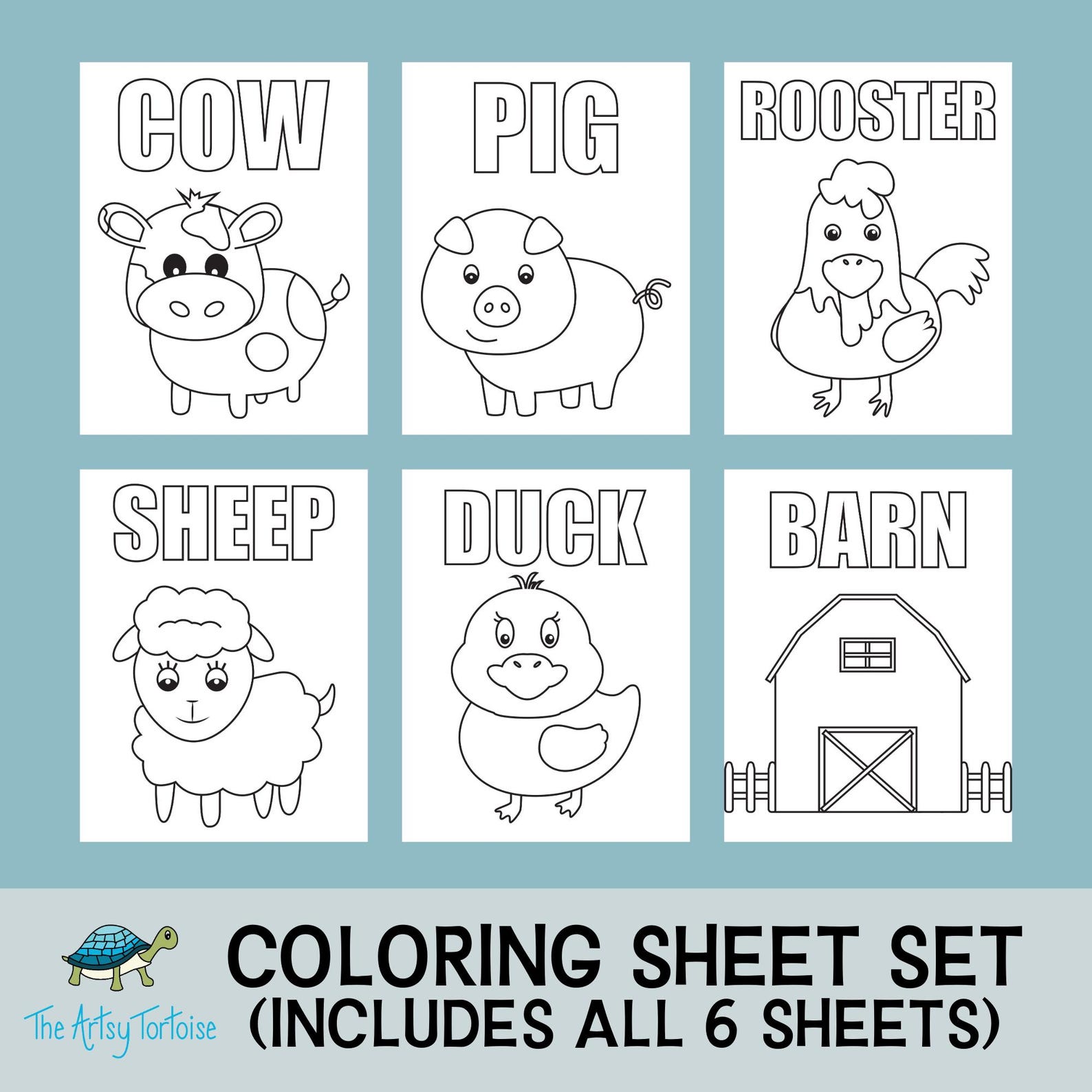 6 Farm Themed Coloring Pages, Farm Animals, Printable Coloring, Kids ...