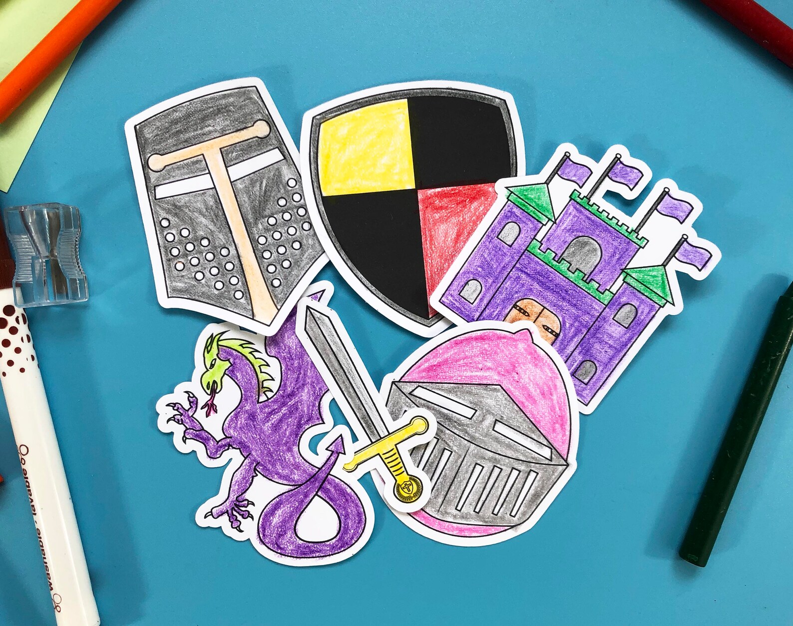 6 Colorable Knight, Medieval Stickers - Etsy
