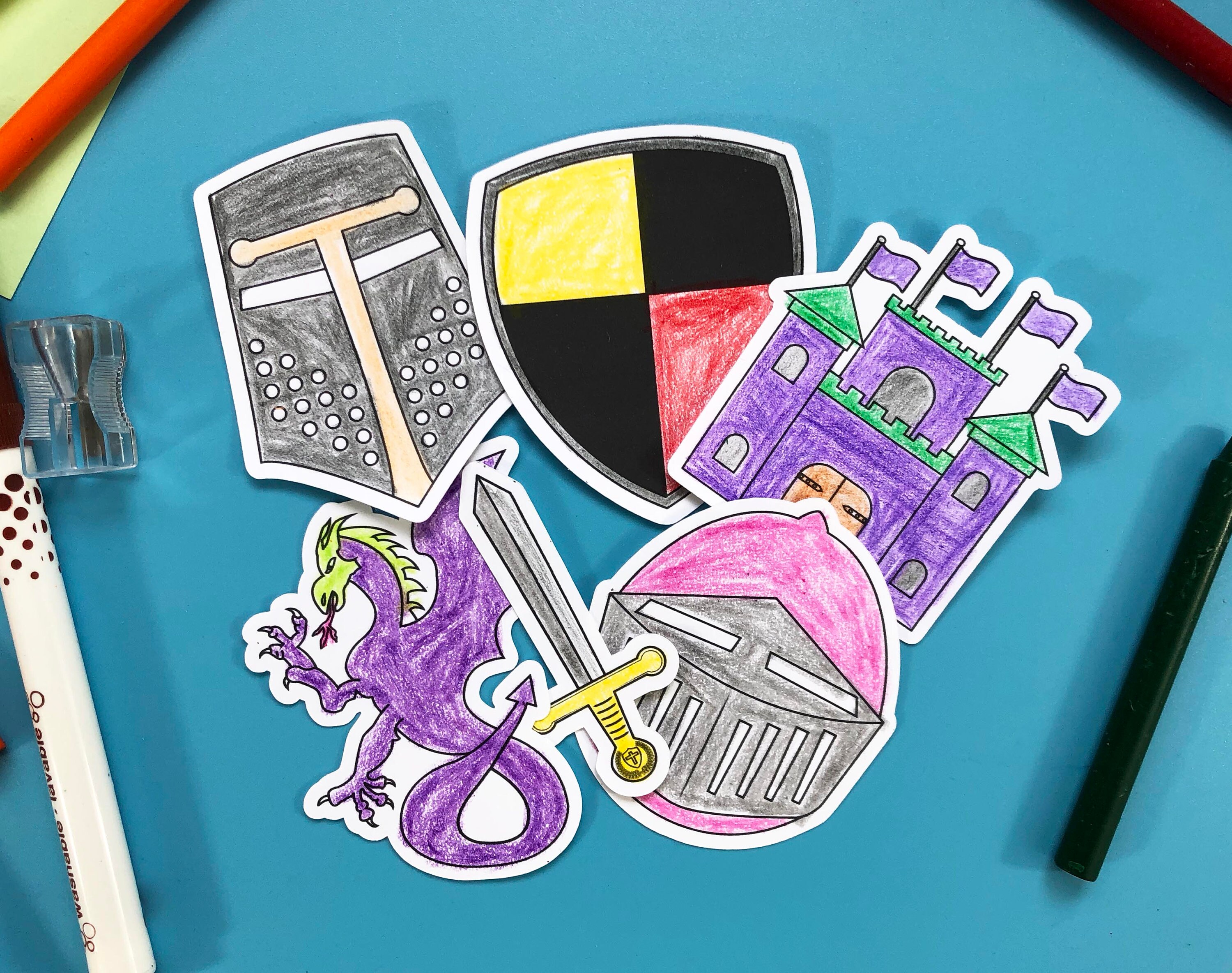 6 Colorable Knight, Medieval Stickers - Etsy