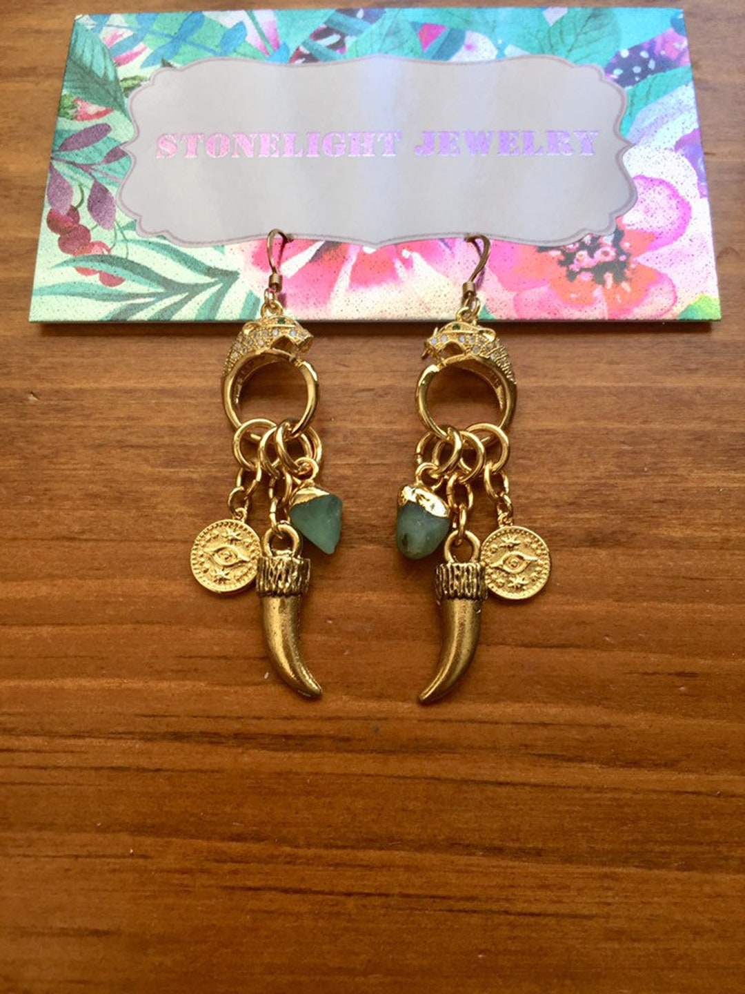 Snake Ouroboros, Evil Eye, Tusk and Chrysoprase Cluster Earrings - Etsy