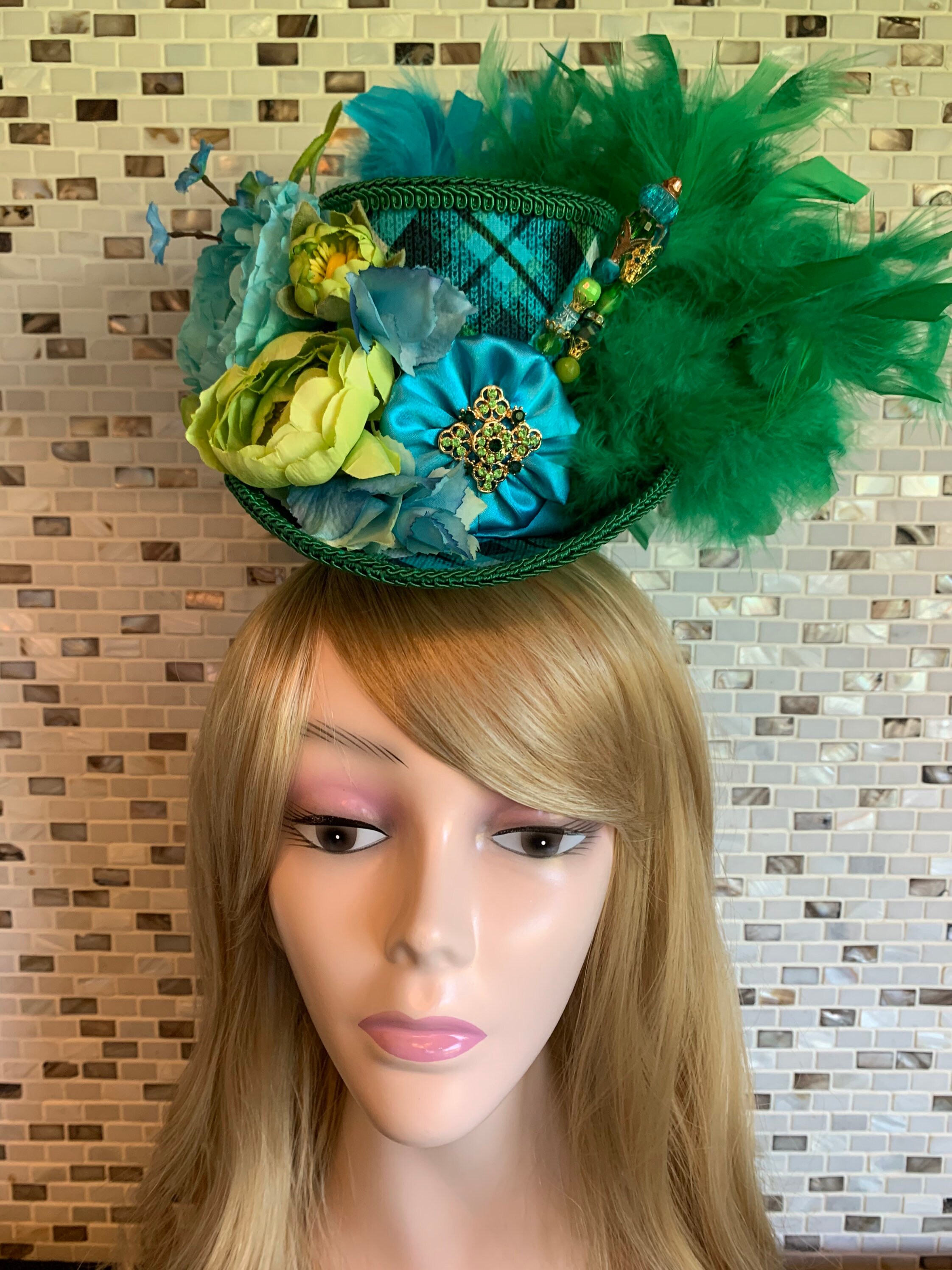 Green and Aqua Blue Mini Top Hat, or Fascinator, MADE to ORDER ONLY ...