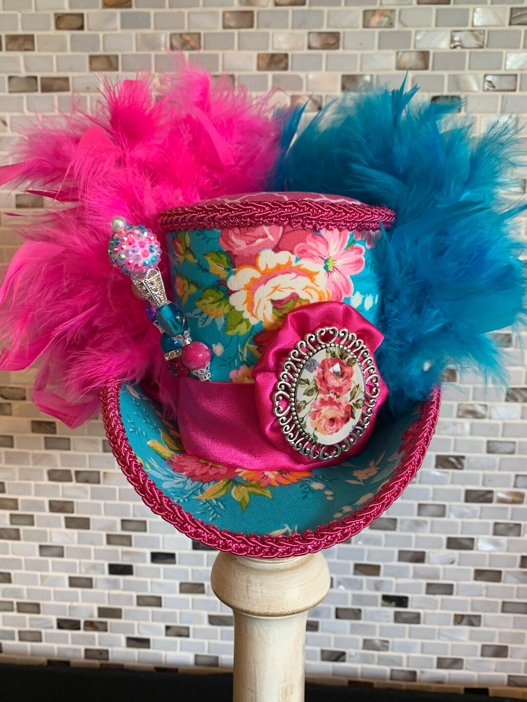 Hot Pink and Aqua Blue Mini Top Hat, Vintage Style Brooch Fascinator ...