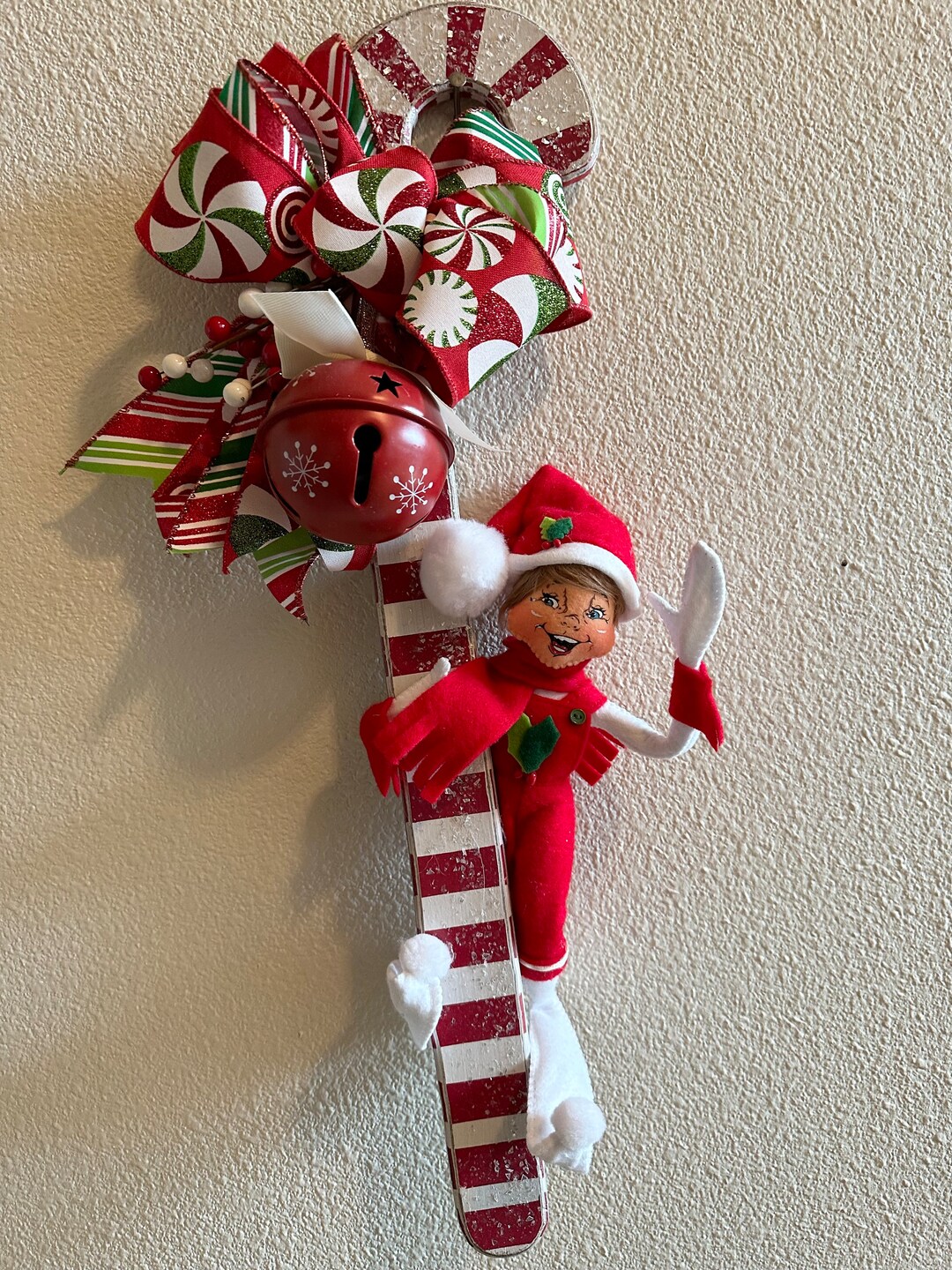 Large Elf on a 22” Candy Cane Wreath Attachment, Anna Lee Doll Elf ...
