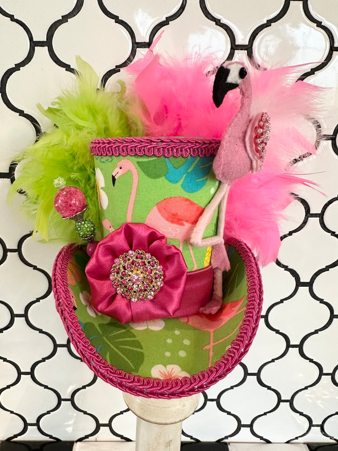 Flamingo Mini Top Hat, Alice in Wonderland, Pink and Green Fascinator ...