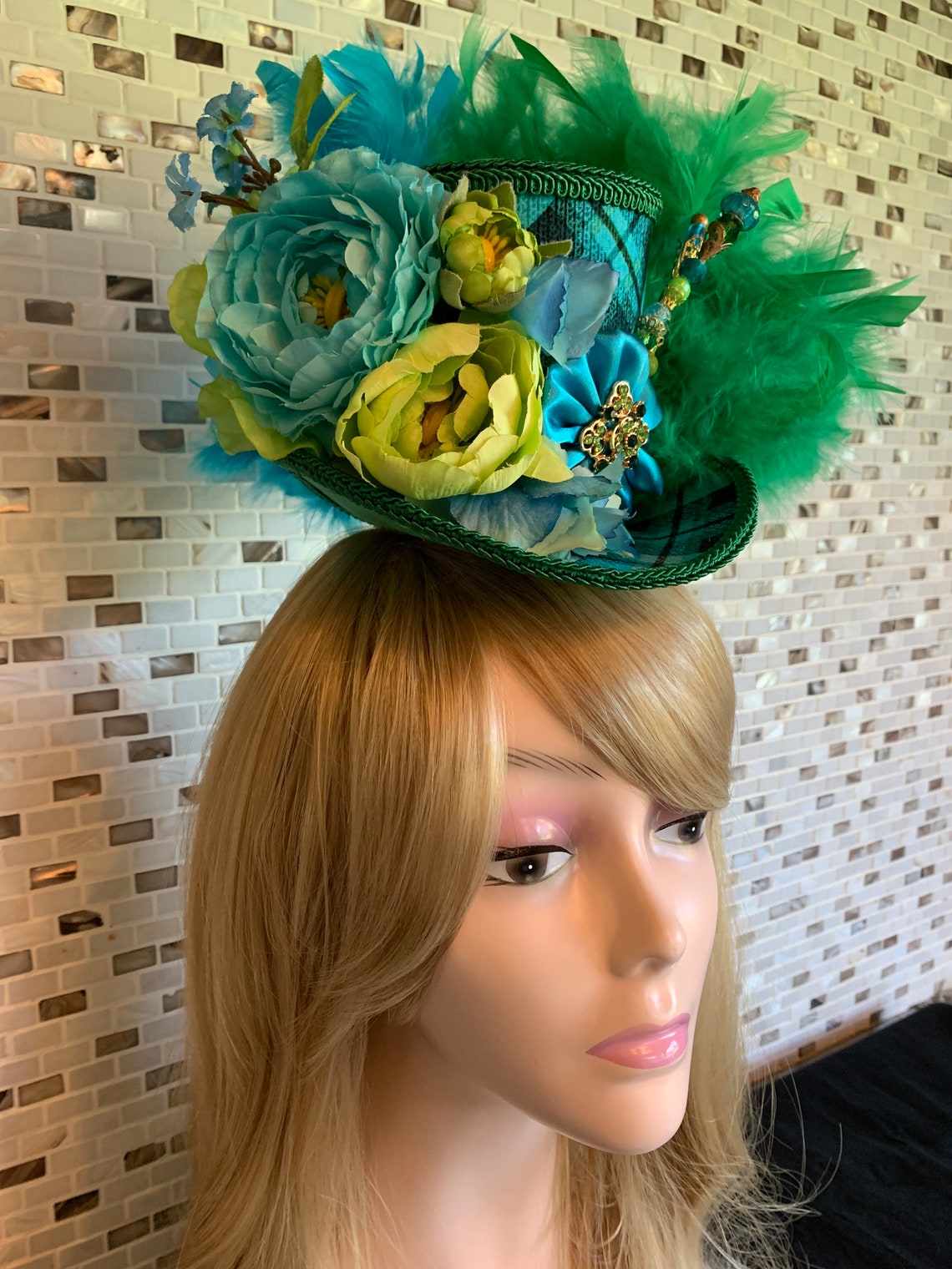 Green and Aqua Blue Mini Top Hat, or Fascinator, MADE to ORDER ONLY ...