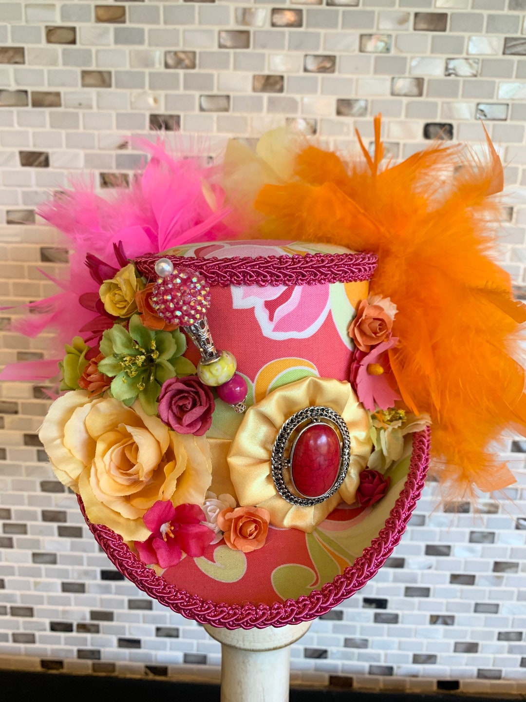 Hot Pink, Yellow, and Orange Mini Top Hat, Flower Fascinator, MADE to ...