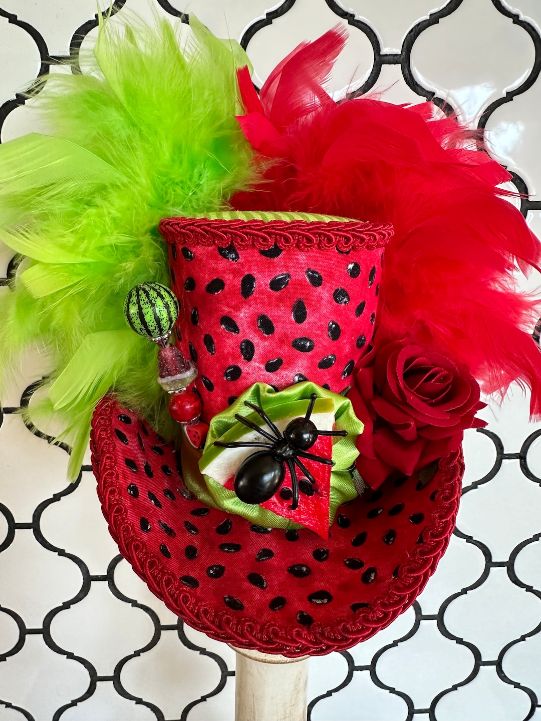 Watermelon and Ant Mini Top Hat, Red and Green Summer Fascinator, MADE ...