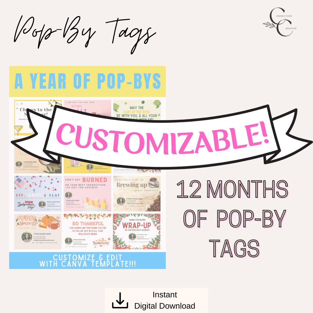 12 Pop-bys, Pop by Real Estate Marketing, Editable Annual Popby, Real Estate Pop by Tags, 1 Year ...