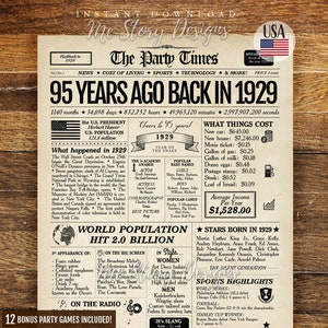 1929 95th Birthday Newspaper Sign, 95th Birthday Gift for Men or Women ...