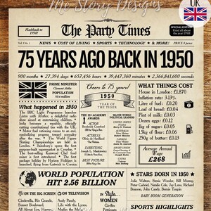UK 75th Birthday NEWSPAPER Poster Back in 1950 United Kingdom, 75th ...
