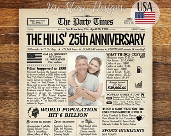 25th Anniversary Gift, Back in 1998 Newspaper Poster Sign, 25th Wedding ...