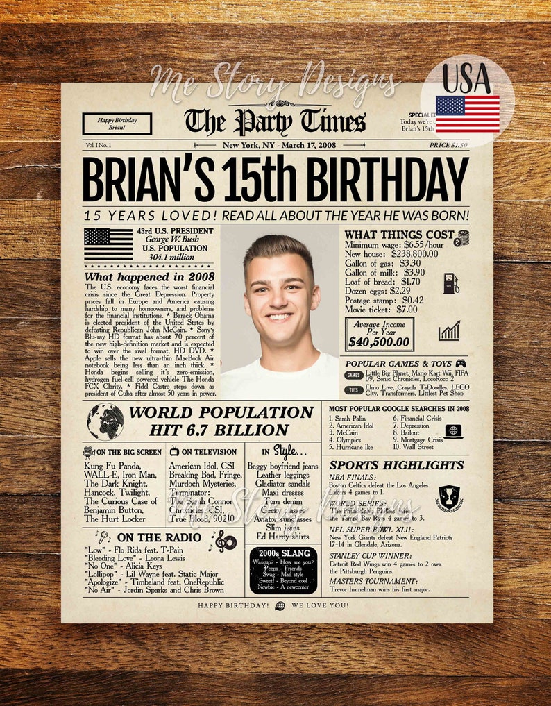 15th Birthday Newspaper Poster Sign 15th Birthday Gift for - Etsy