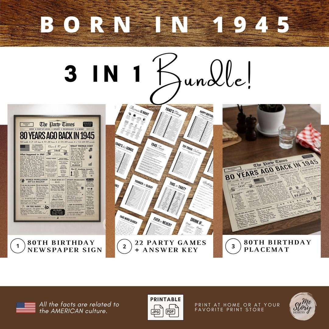 80th Birthday 1945 Newspaper Poster, Placemat & Games Bundle (printable ...