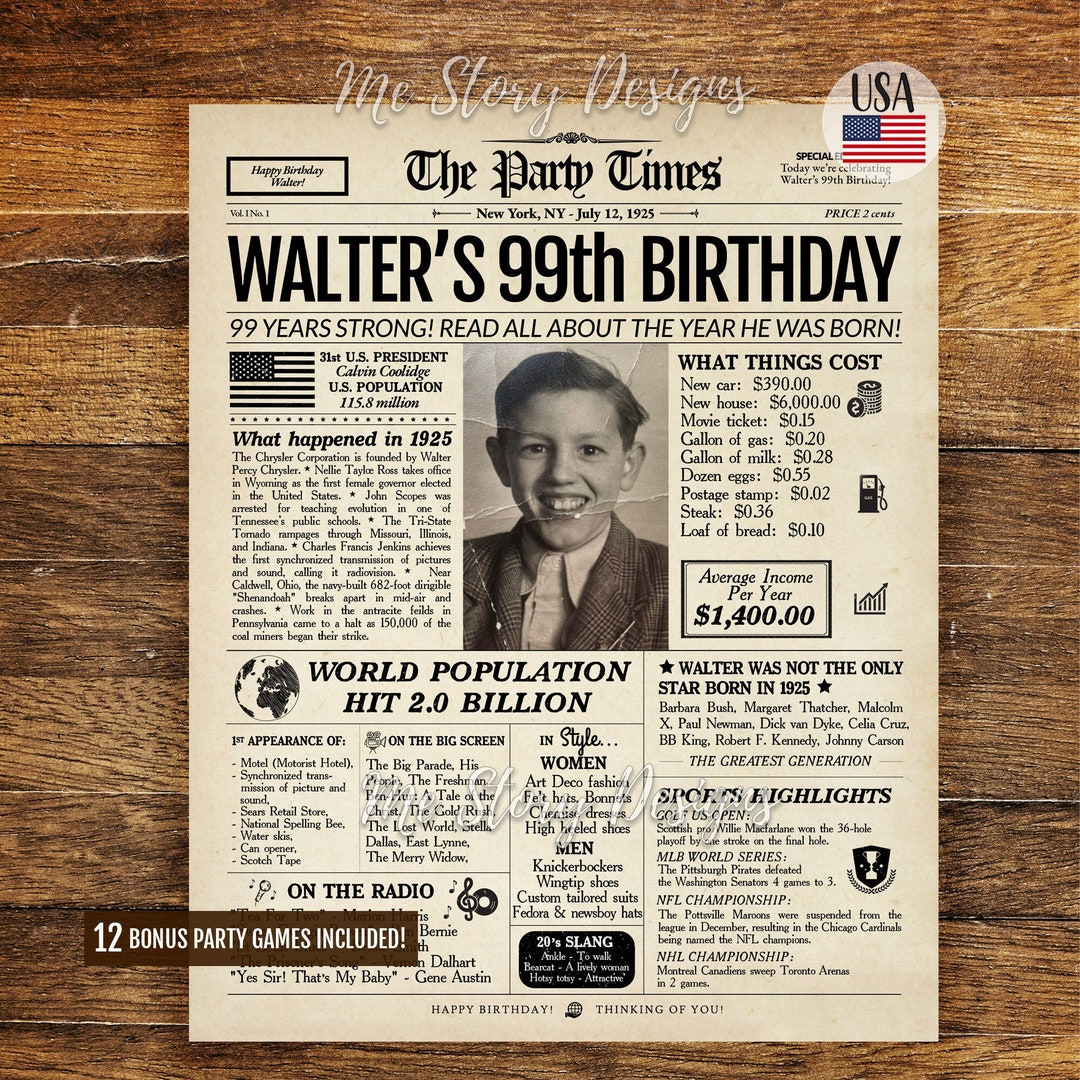 99th Birthday Newspaper Poster Sign, 99th Birthday Gift, 1925 Birthday ...