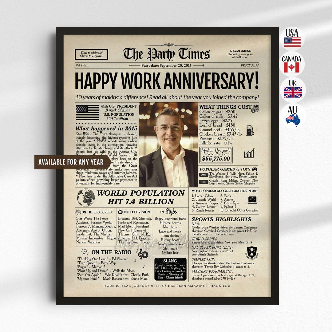 Personalized Work Anniversary Newspaper Gift (printed or Digital) - Etsy