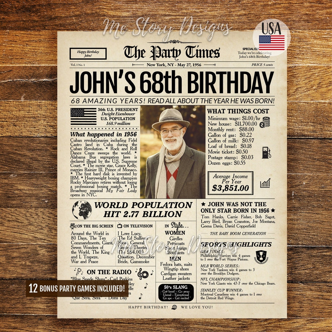 68th Birthday Newspaper Poster, 68th Birthday Gift for Him or Her, 68th ...