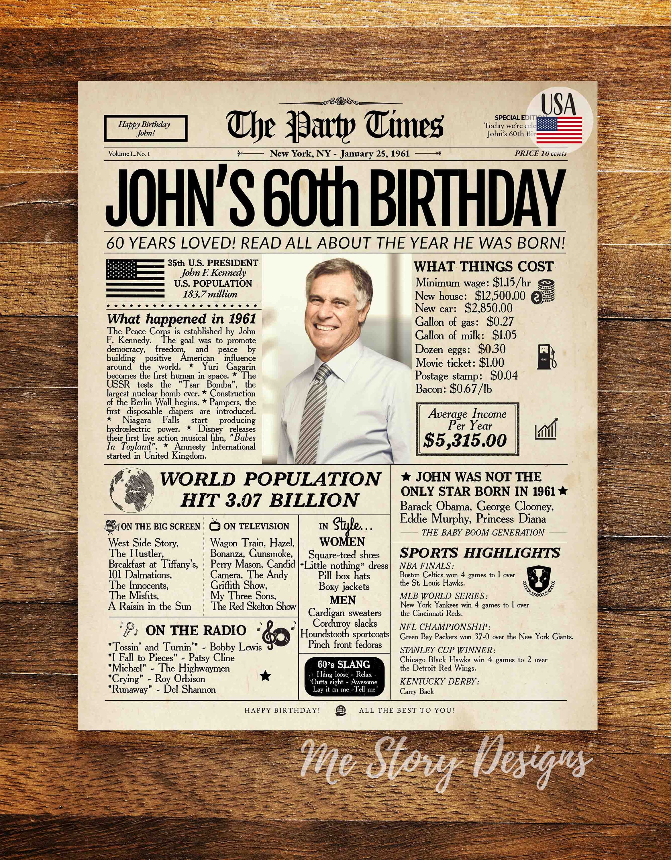 60th Birthday Newspaper Poster 60th birthday gift for him or | Etsy