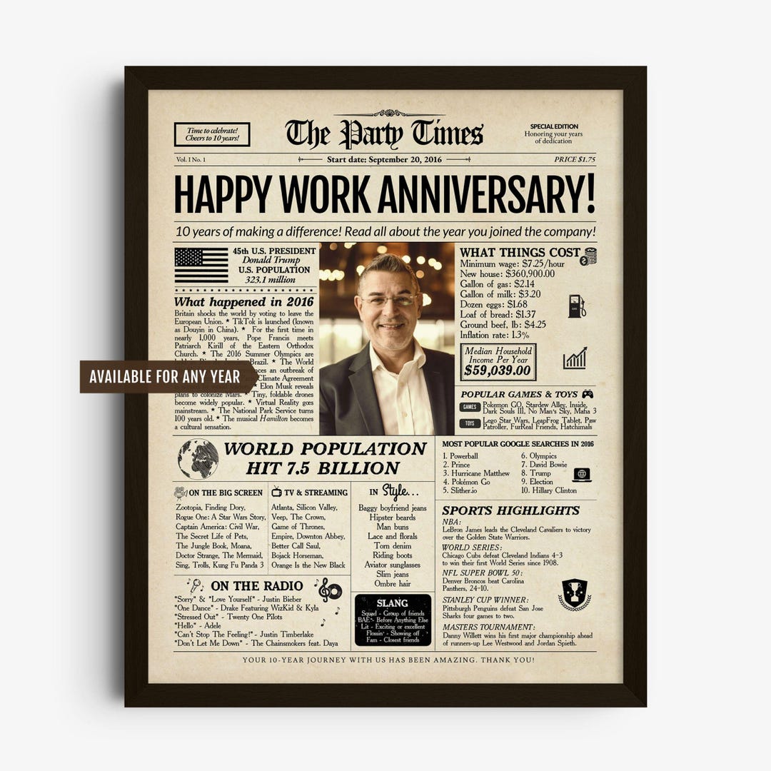 Personalized Work Anniversary Newspaper Gift | Printed or Digital | ANY ...