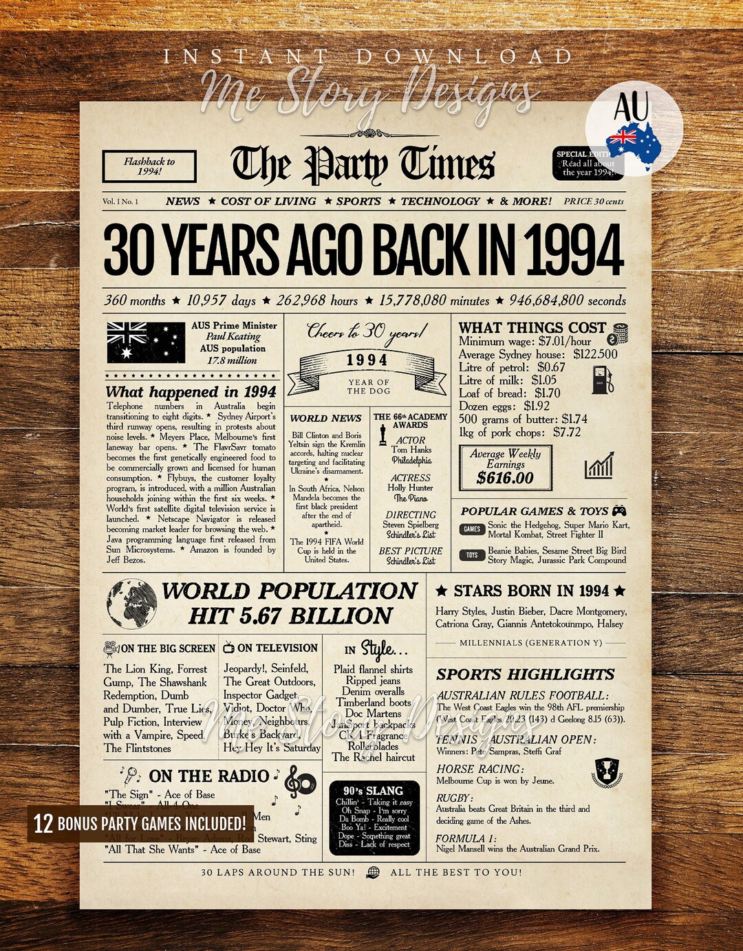1994 AUSTRALIA 30th Birthday Newspaper Australian, 30th Birthday Gift ...