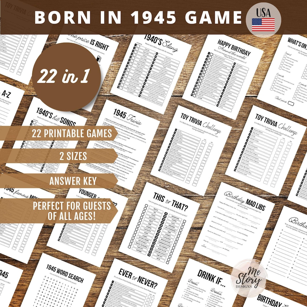 80th Birthday Games: 1945 Trivia, 22-in-1 Bundle (printable) - Etsy