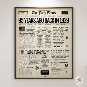 1929 95th Birthday Newspaper Sign, 95th Birthday Gift for Men or Women ...
