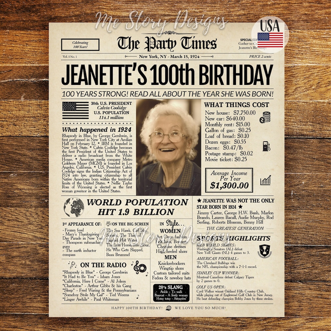 100th Birthday Gift, 100th Birthday Newspaper Poster Sign, 100th ...