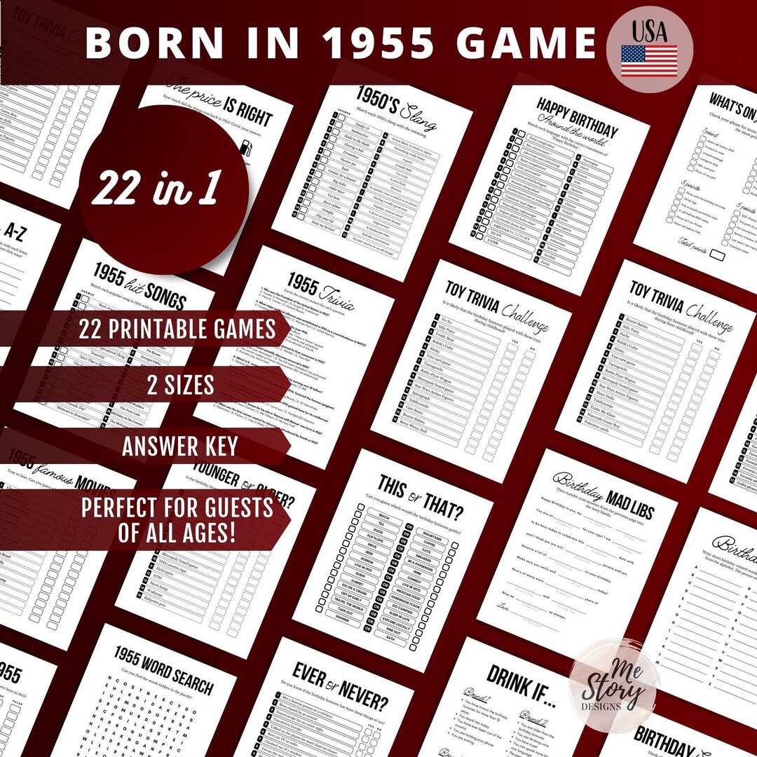 70th Birthday Games: 1955 Trivia, 22-in-1 Bundle (printable) - Etsy