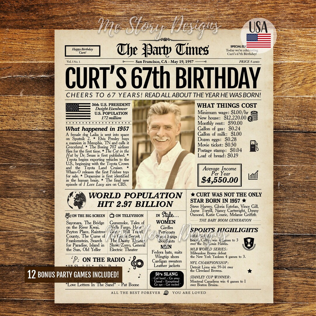 67th Birthday Newspaper Poster, 67th Birthday Gift for Him or Her, 67th ...
