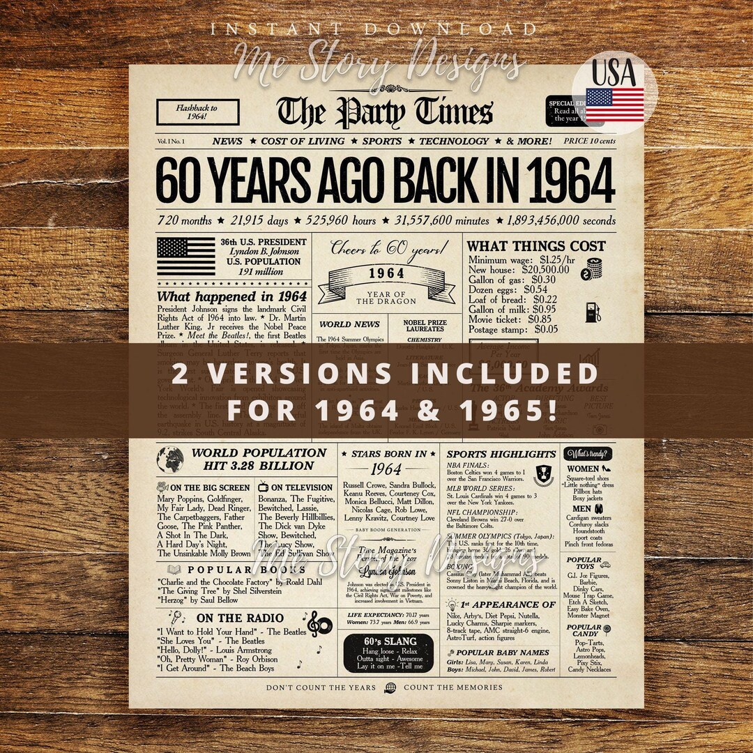60th Birthday Newspaper Sign 1964 and 1965, 60th Birthday Gift for Men ...