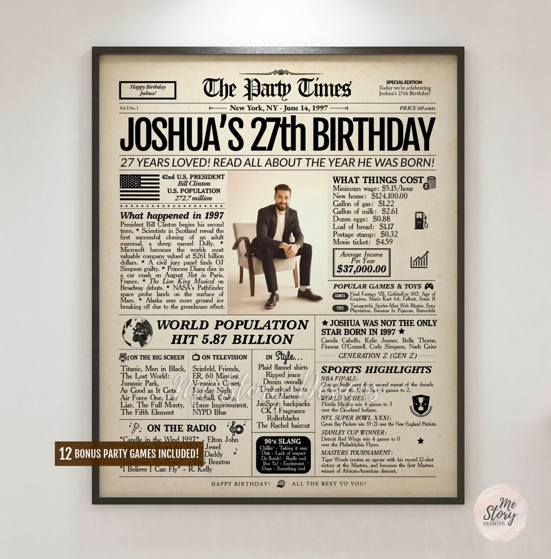 27th Birthday Newspaper Poster Sign Back in 1997, Personalized Birthday ...