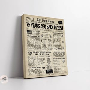 75th Birthday Newspaper Poster | 75 Years Ago Back in 1951 Sign ...