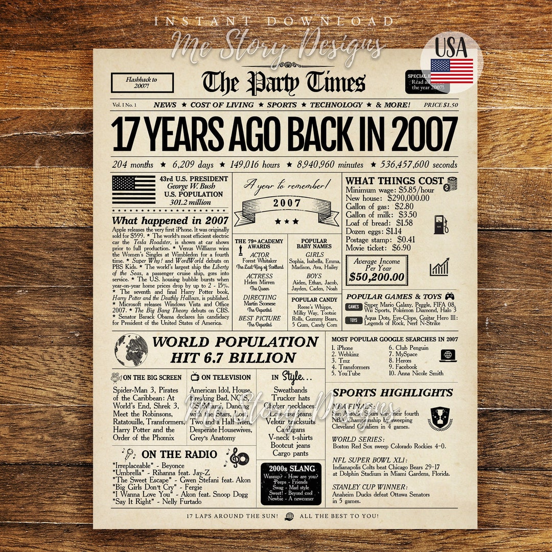 17th Birthday Newspaper Sign 2007, 17th Birthday Gift, 17th Anniversary ...