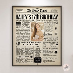 17th Birthday Newspaper Poster Sign PRINTABLE, 17th Birthday Gift, 17 ...