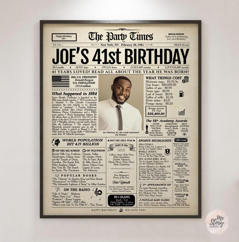 41st Birthday Newspaper Poster Sign | Back in 1984 | 41st Birthday Gift ...