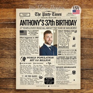 37th Birthday Newspaper Poster Sign, Back in 1987, 37th Birthday Gift ...