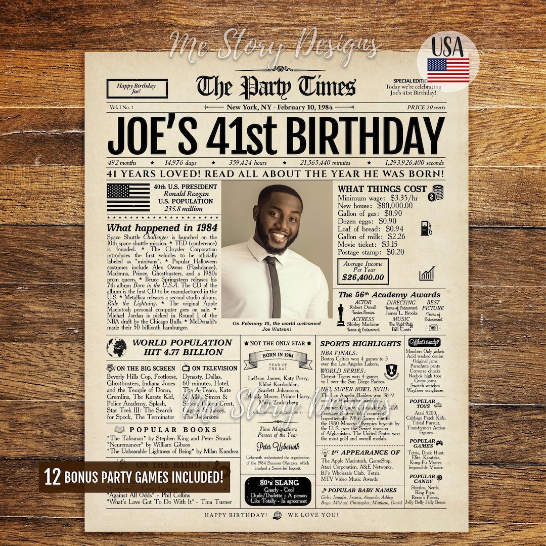 41st Birthday Newspaper Poster Sign | Back in 1984 | 41st Birthday Gift ...