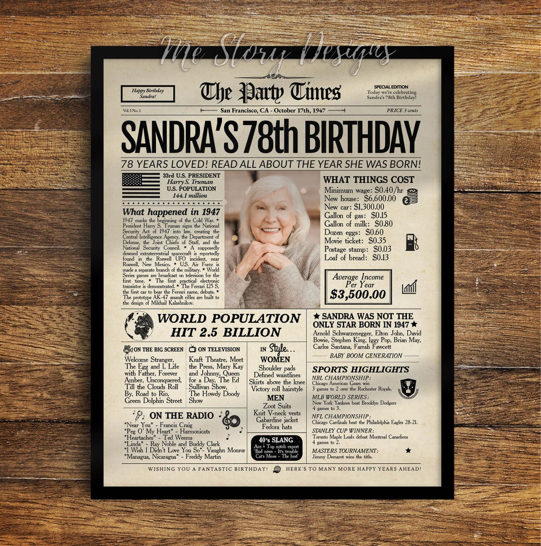 78th Birthday Newspaper Sign Back in 1947 Poster | 78th Birthday Gift ...