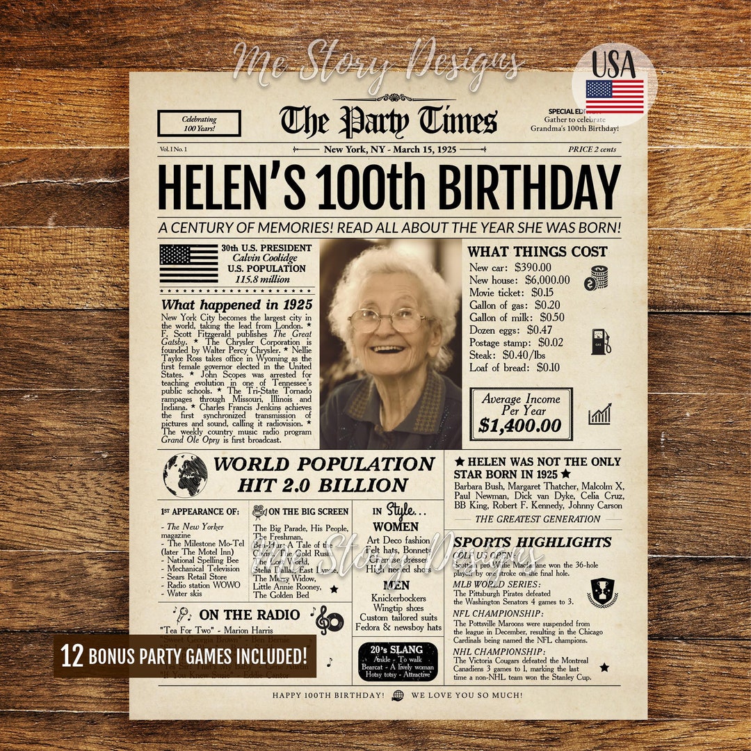 100th Birthday Gift, 100th Birthday Newspaper Poster Sign, 100th ...