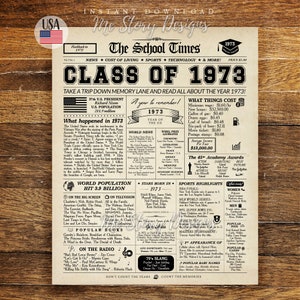 Class of 1973 NEWSPAPER Poster, 1973 Class Reunion, High School Reunion ...