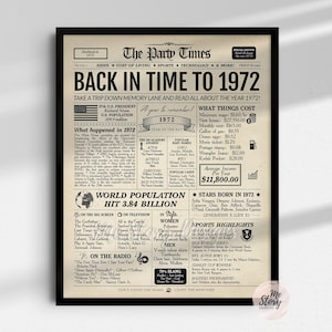 Back in 1972 Newspaper Sign, 52nd Birthday Gift, 52nd Anniversary, Back ...
